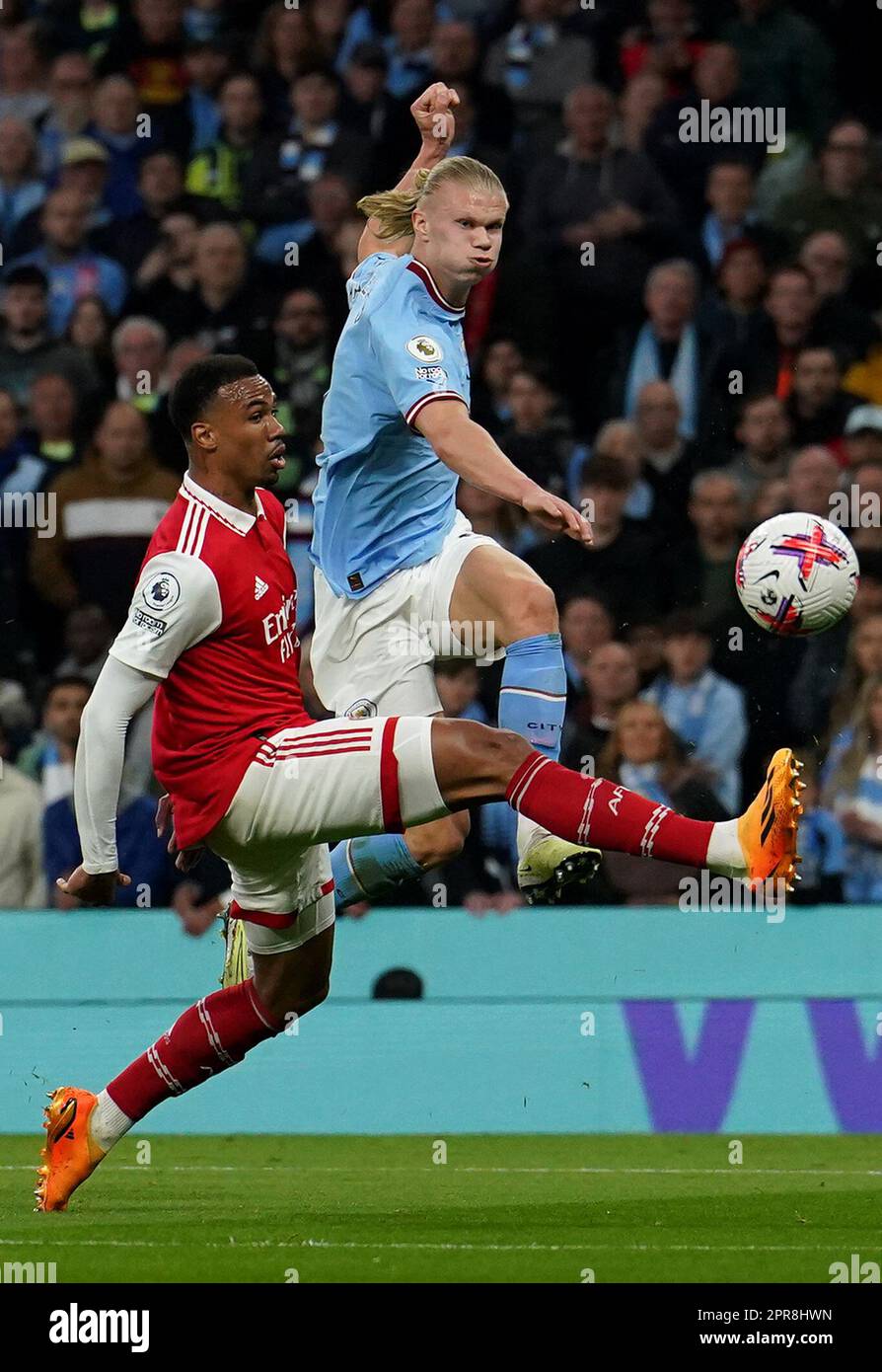 Manchester City's Erling Haaland shoots at goal during the Premier ...