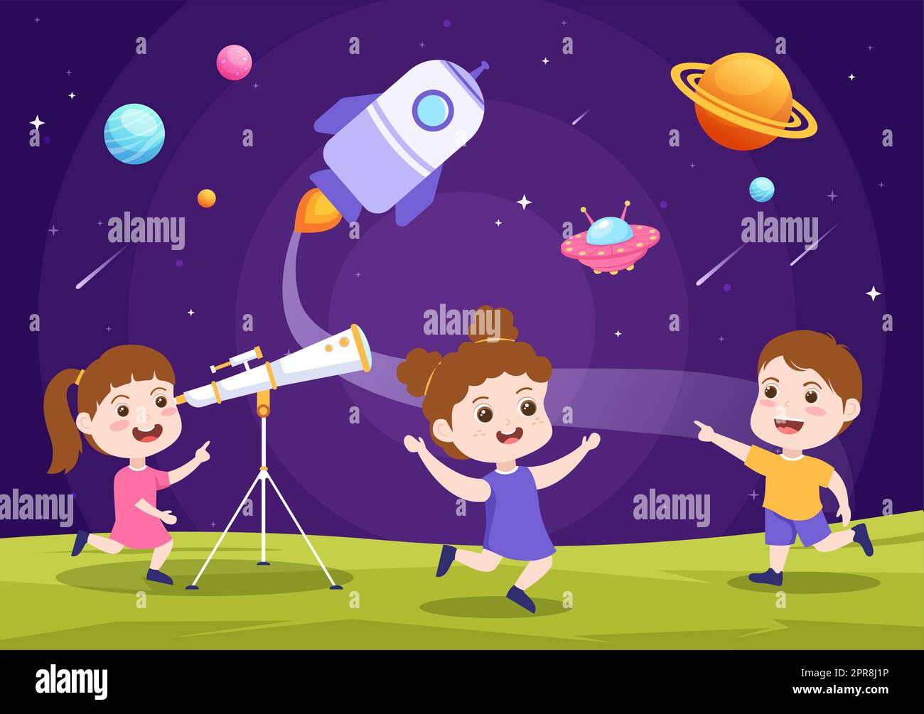 Astronomy Cartoon Illustration with Cute Kids Watching Night Starry Sky ...