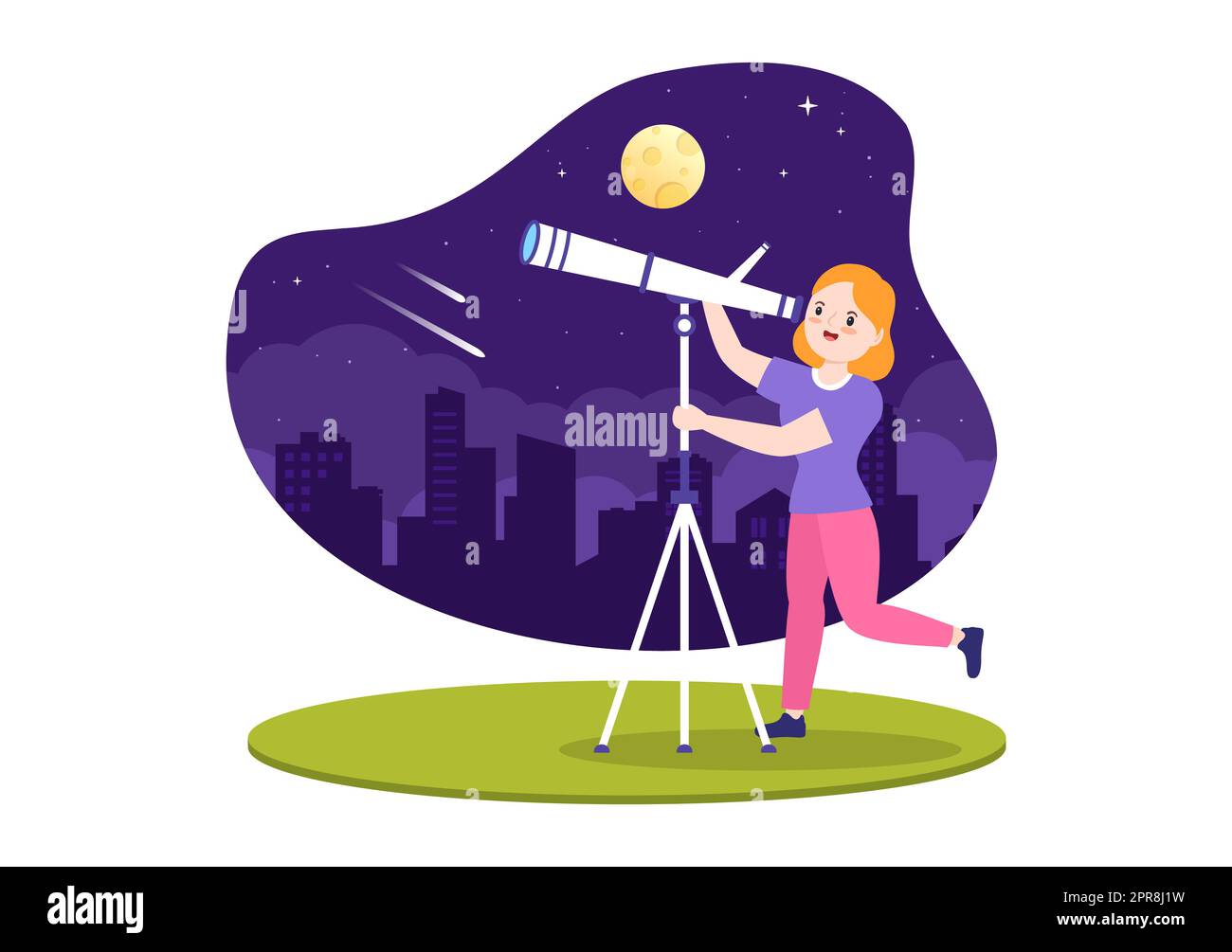 Astronomy Cartoon Illustration with People Watching Night Starry Sky ...