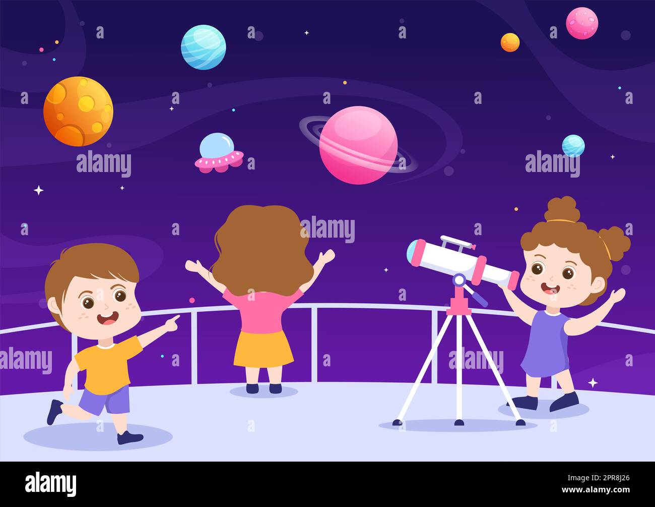 Astronomy Cartoon Illustration with Cute Kids Watching Night Starry Sky ...