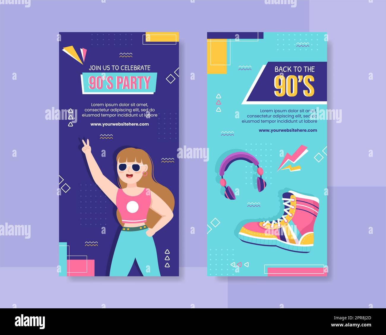 90s Retro Party Vertical Banner Template Flat Cartoon Background Vector ...