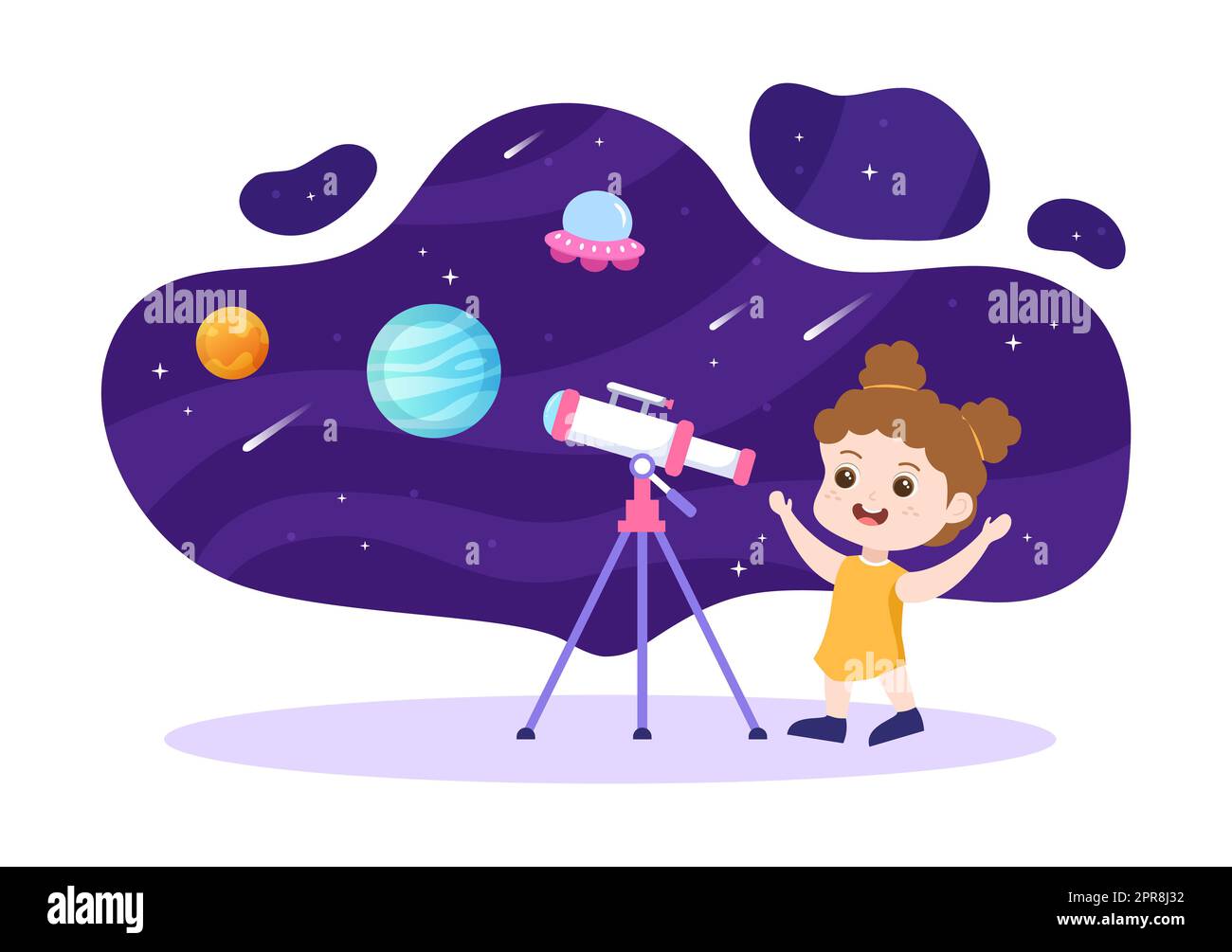 Astronomy Cartoon Illustration with Cute Kids Watching Night Starry Sky ...