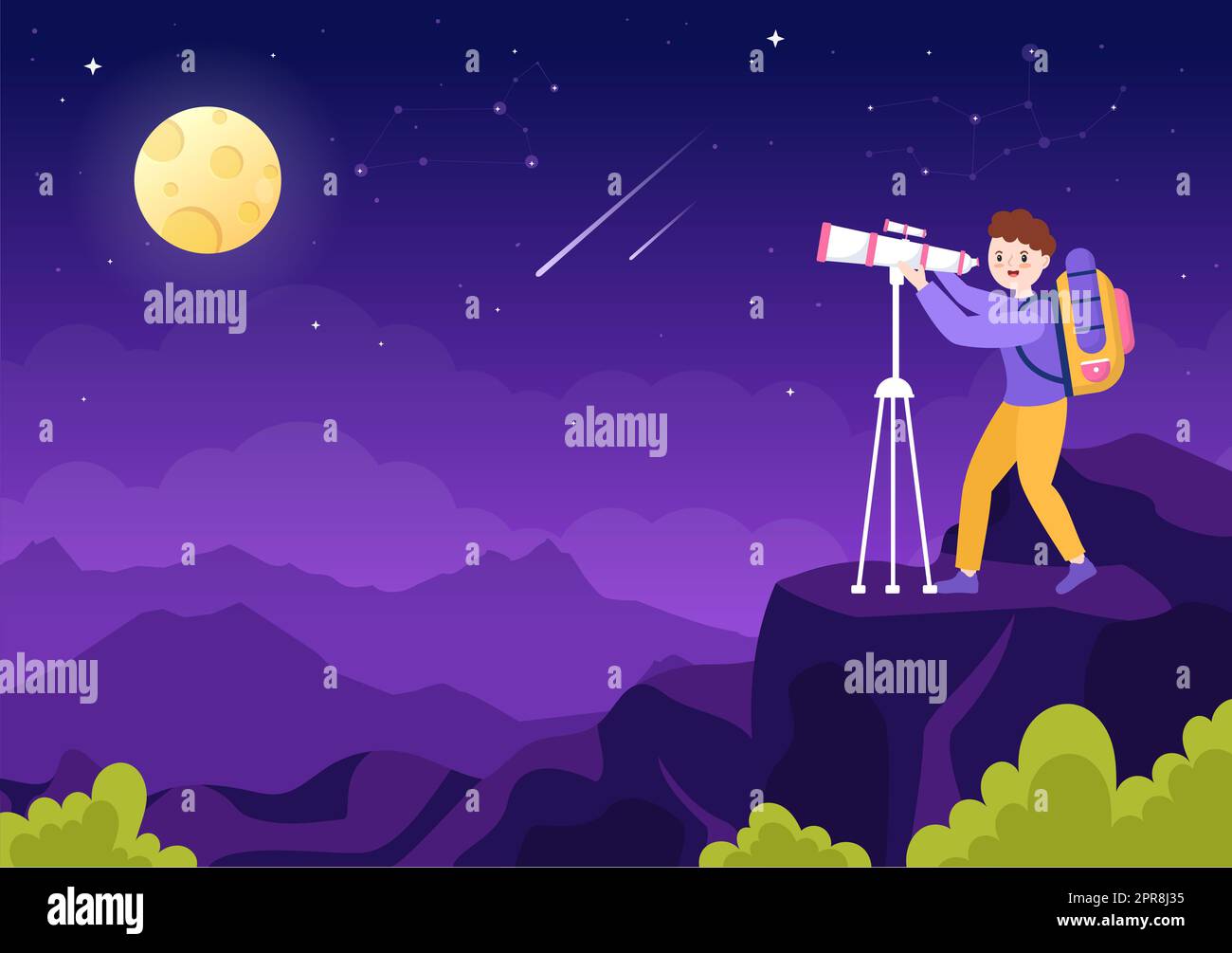 Astronomy Cartoon Illustration with People Watching Night Starry Sky ...