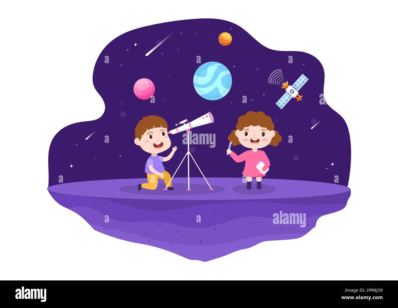 Astronomy Cartoon Illustration with Cute Kids Watching Night Starry Sky ...