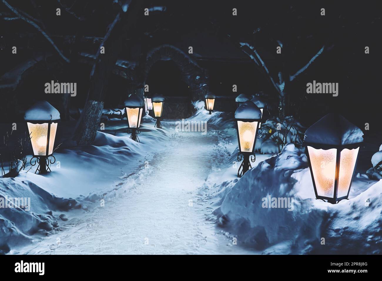 Magic path with lanterns in the winter fairy kingdom Stock Photo - Alamy