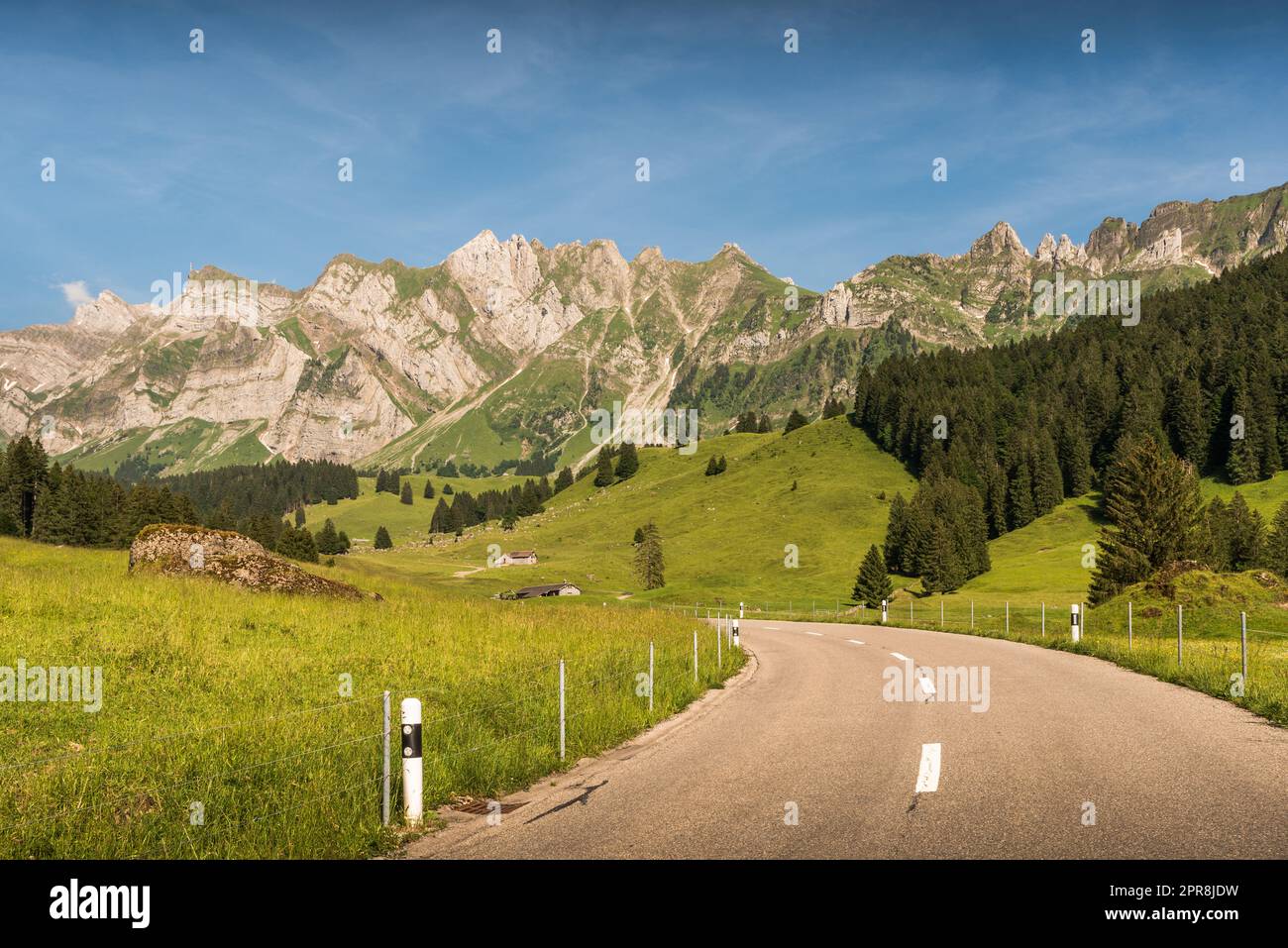 Mountain road in the Swiss Alps with view of the Saentis, Switzerland ...