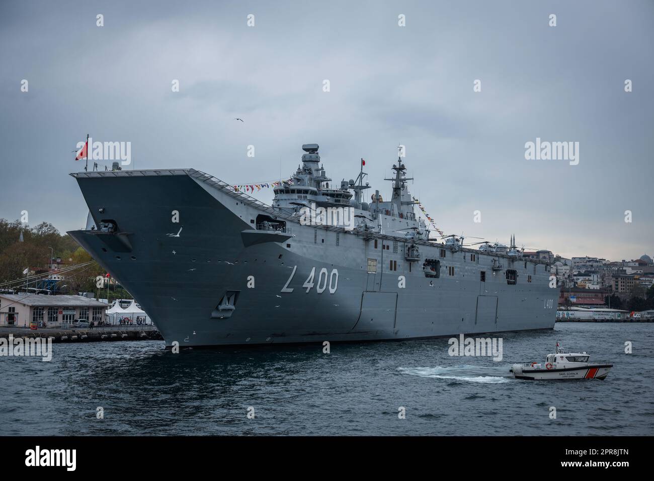 Istanbul, Istanbul, Turkey. 26th Apr, 2023. Turkey's largest warship TCG Anadolu L400 docked at ...