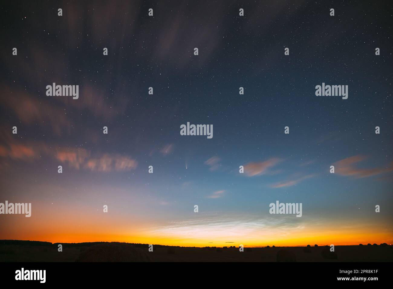Night Starry Sky With Glowing Stars Above Countryside Landscape. Light ...