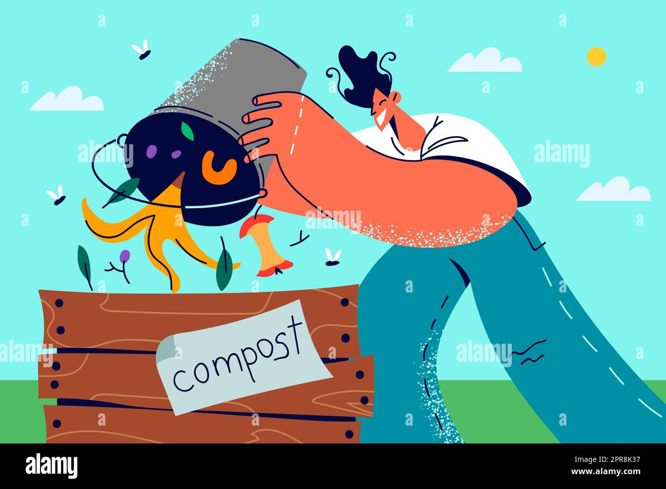 Man throwing organic waste in compost bin. Smiling male sorting garbage ...