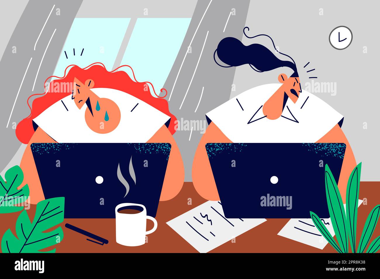 Unfriendly female employee at desk with upset colleague. Workers having ...