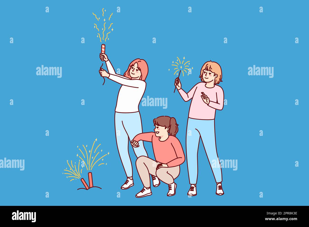 Happy children have fun throwing fireworks outdoors. Smiling girls kids ...