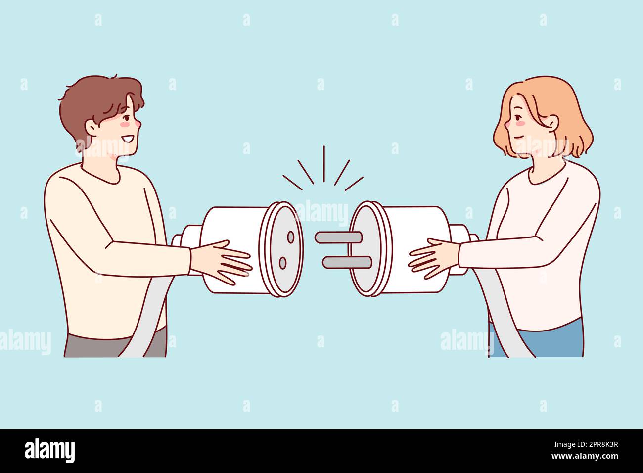 Man and woman connect electric plug into pocket look for solution ...