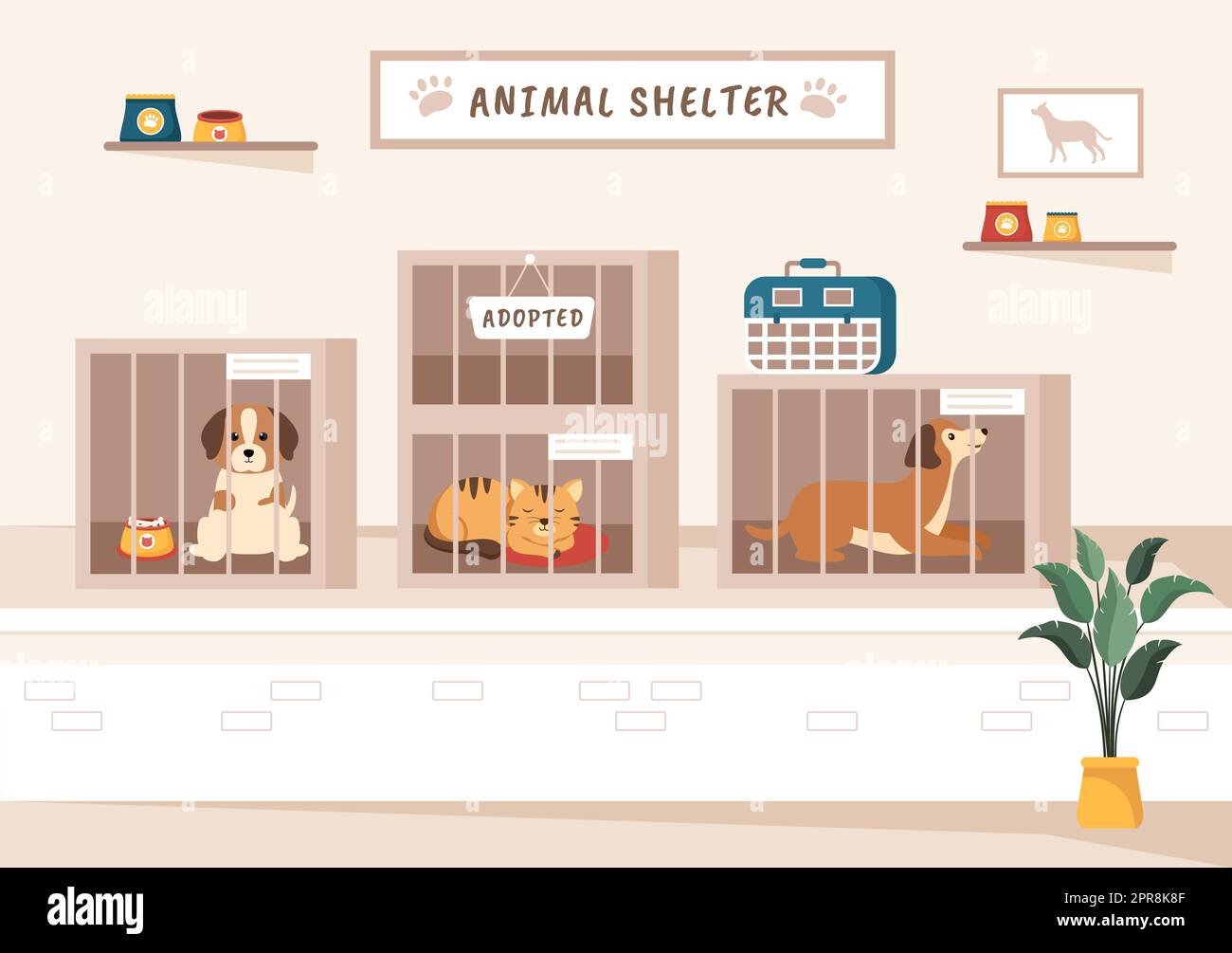 Animal Shelter Cartoon Illustration with Pets Sitting in Cages and ...