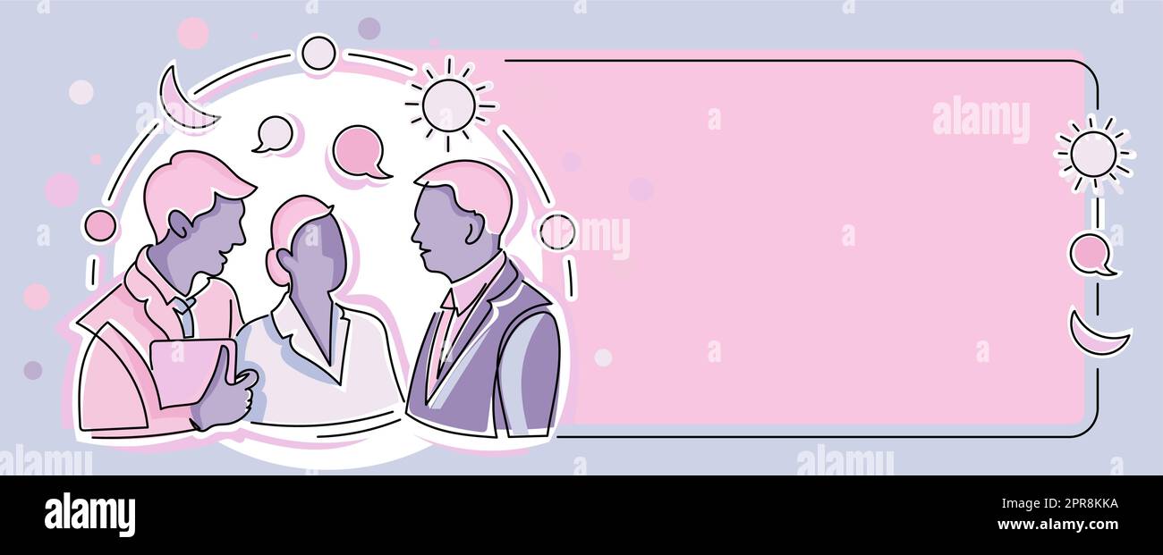 Three Colleagues Standing Sharing Thoughts Together With Speech Bubbles ...