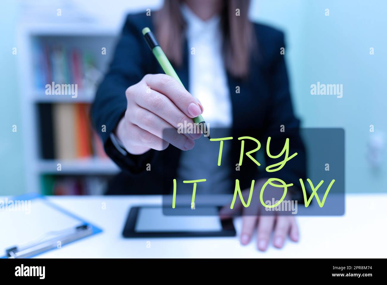 Hand writing sign Try It Now. Word for Free trial of something new ...