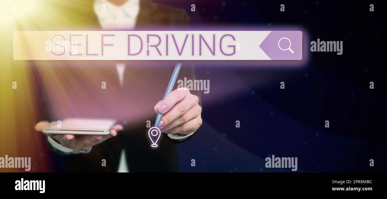 Conceptual caption Self Driving. Business idea Autonomous vehicle ...