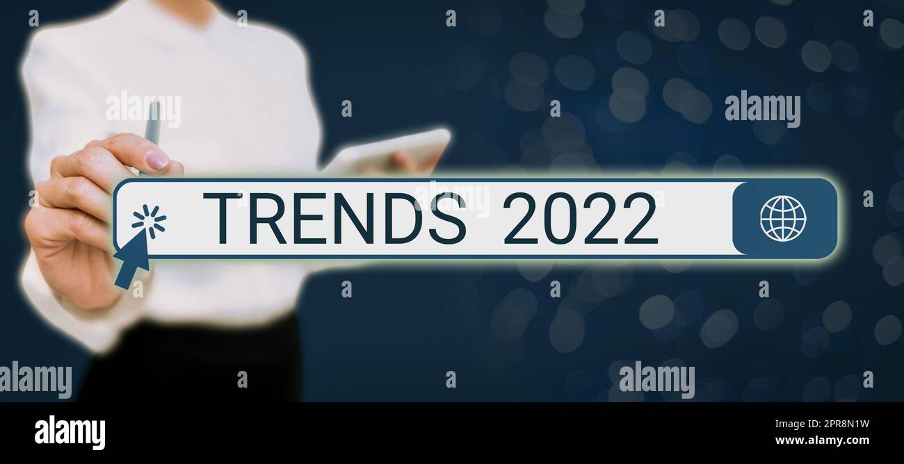 Hand writing sign Trends 2022. Business showcase Upcoming year ...