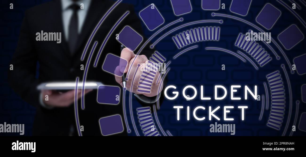 Hand writing sign Golden Ticket. Business idea Rain Check Access VIP ...