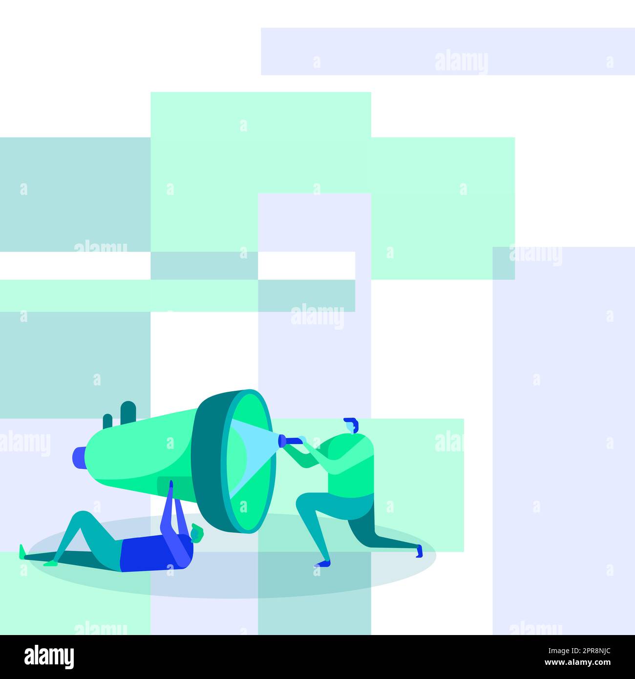 Illustration Of Workers Helping Each Other Using Flashlight To Fix ...