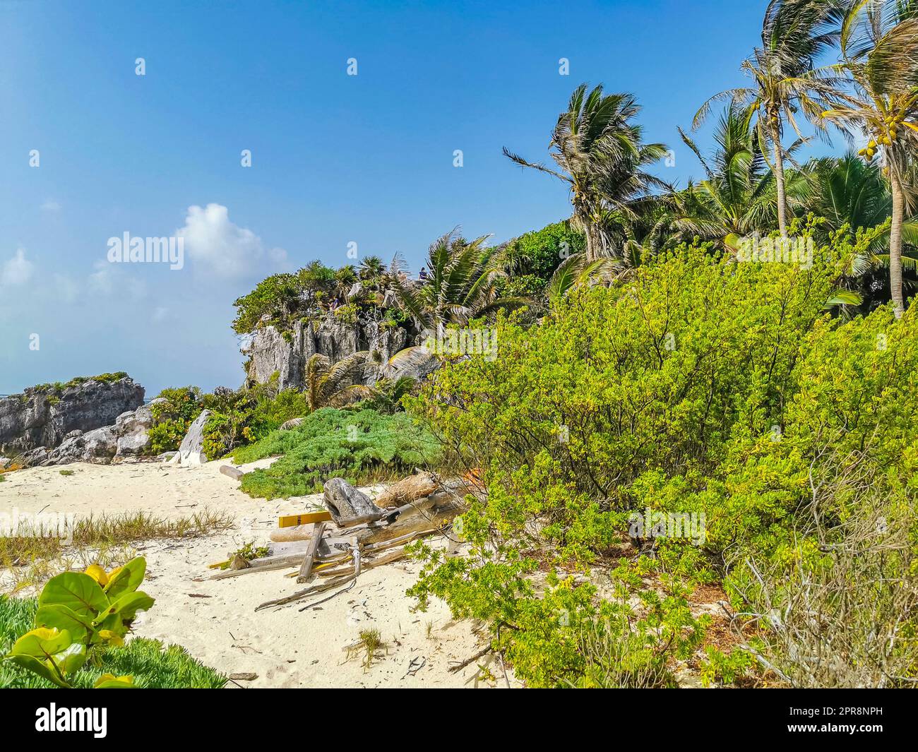 Natural seascape beach panorama Tulum ruins Mayan site temple Mexico ...