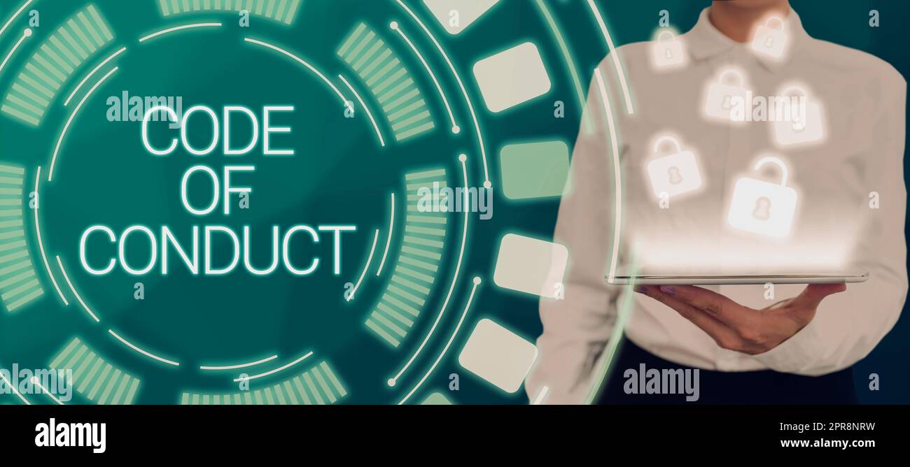 Hand writing sign Code Of Conduct. Concept meaning Ethics rules moral ...