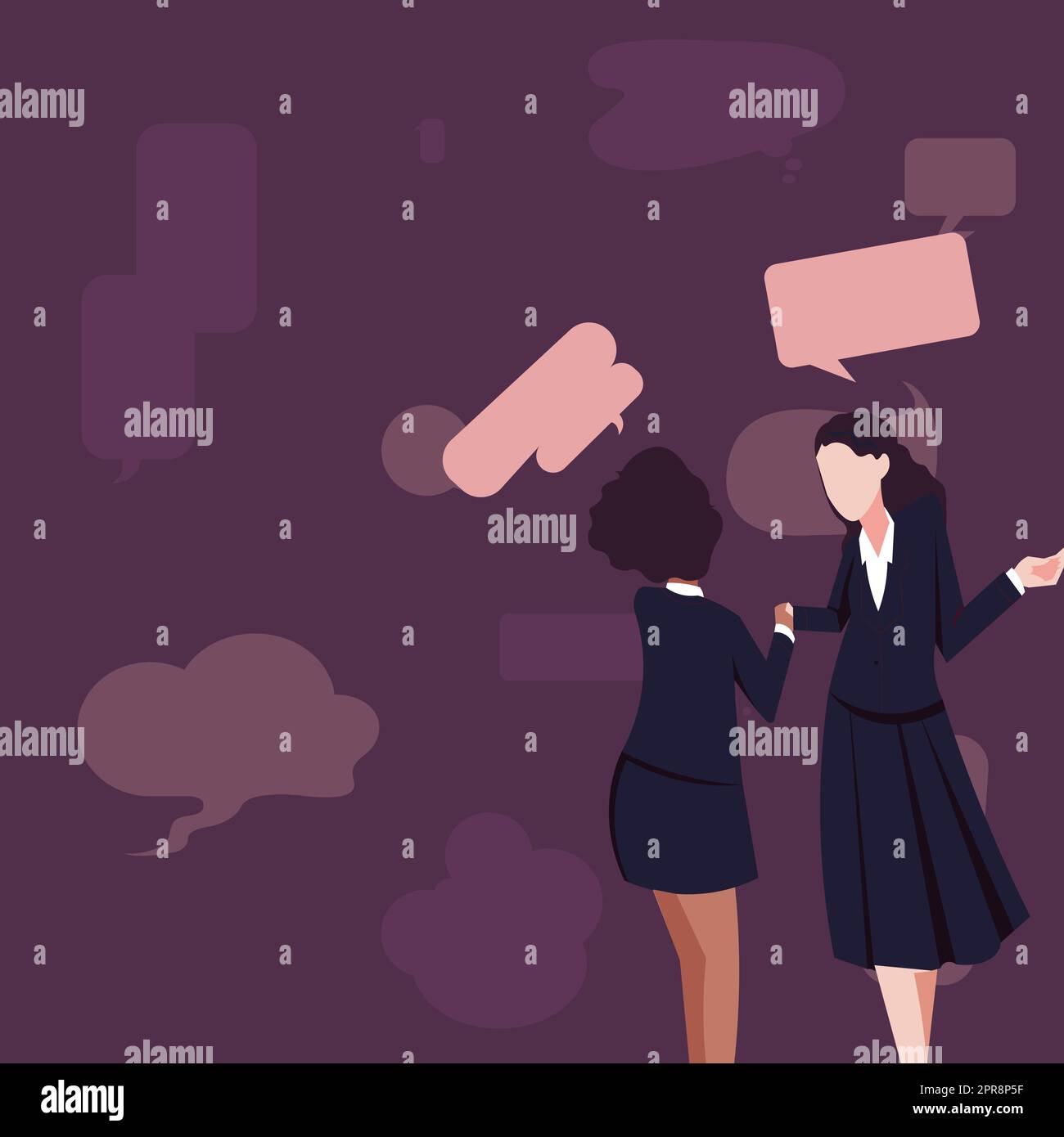 Two Colleagues Standing Sharing Thoughts Together With Speech Bubbles ...