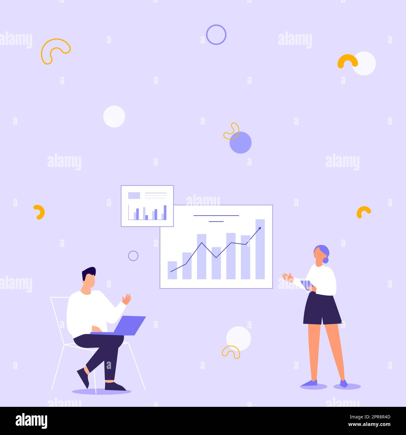 Illustration Of Man Using Laptop And Girl Standing Sharing Ideas For ...