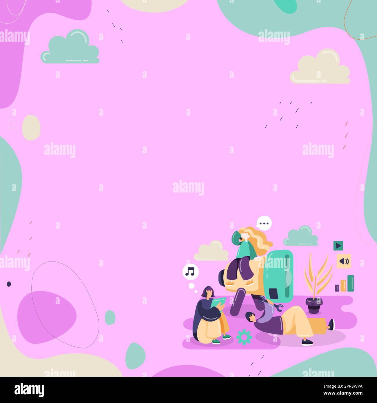 Illustration Group Relaxing Listening Music Fixing Megaphone. Three ...