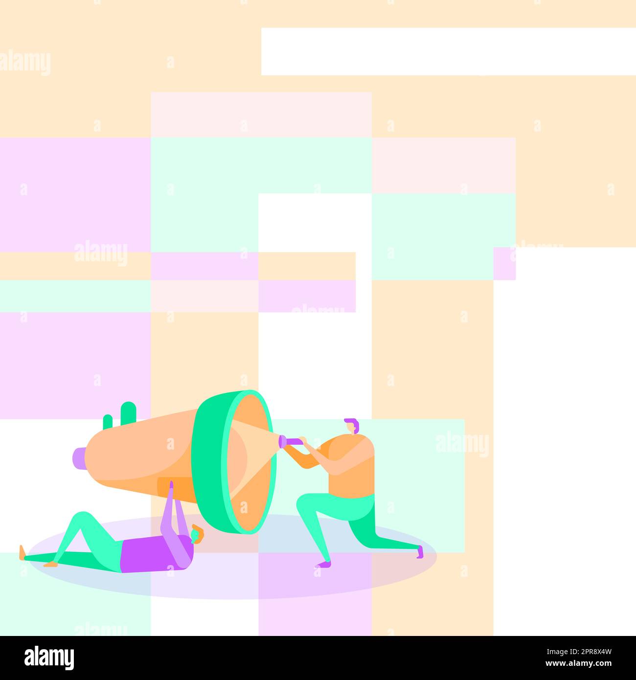 Illustration Of Workers Helping Each Other Using Flashlight To Fix ...