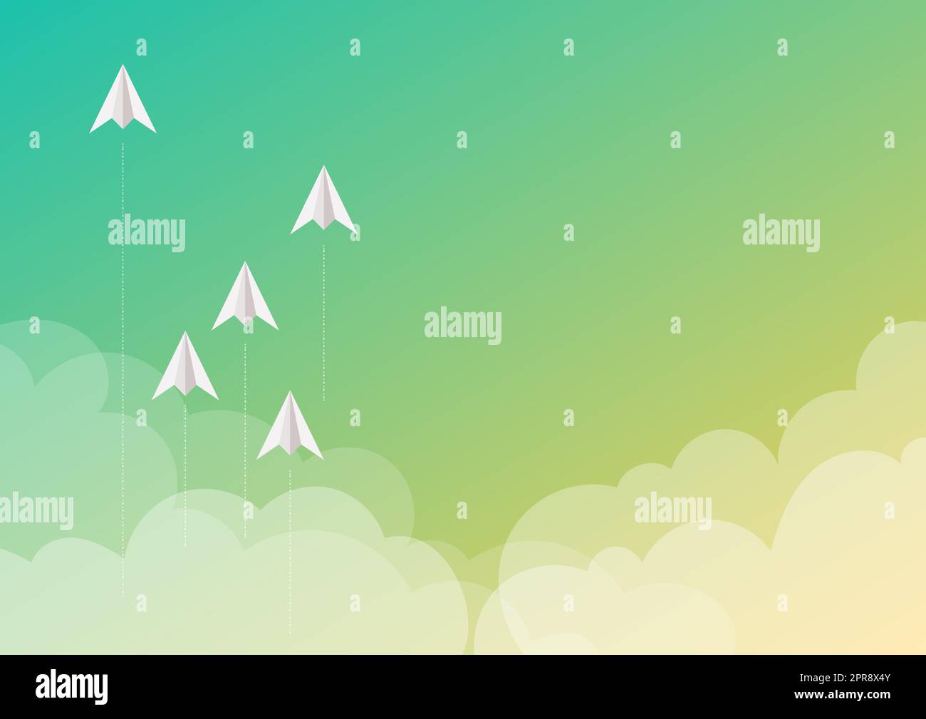Five paper airplanes flying up sky surrounded with clouds representing ...
