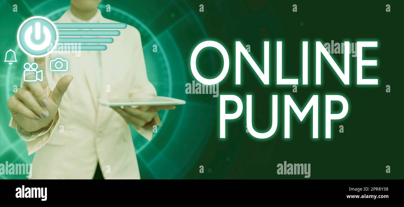 Text caption presenting Online Pump. Word Written on device which moves ...