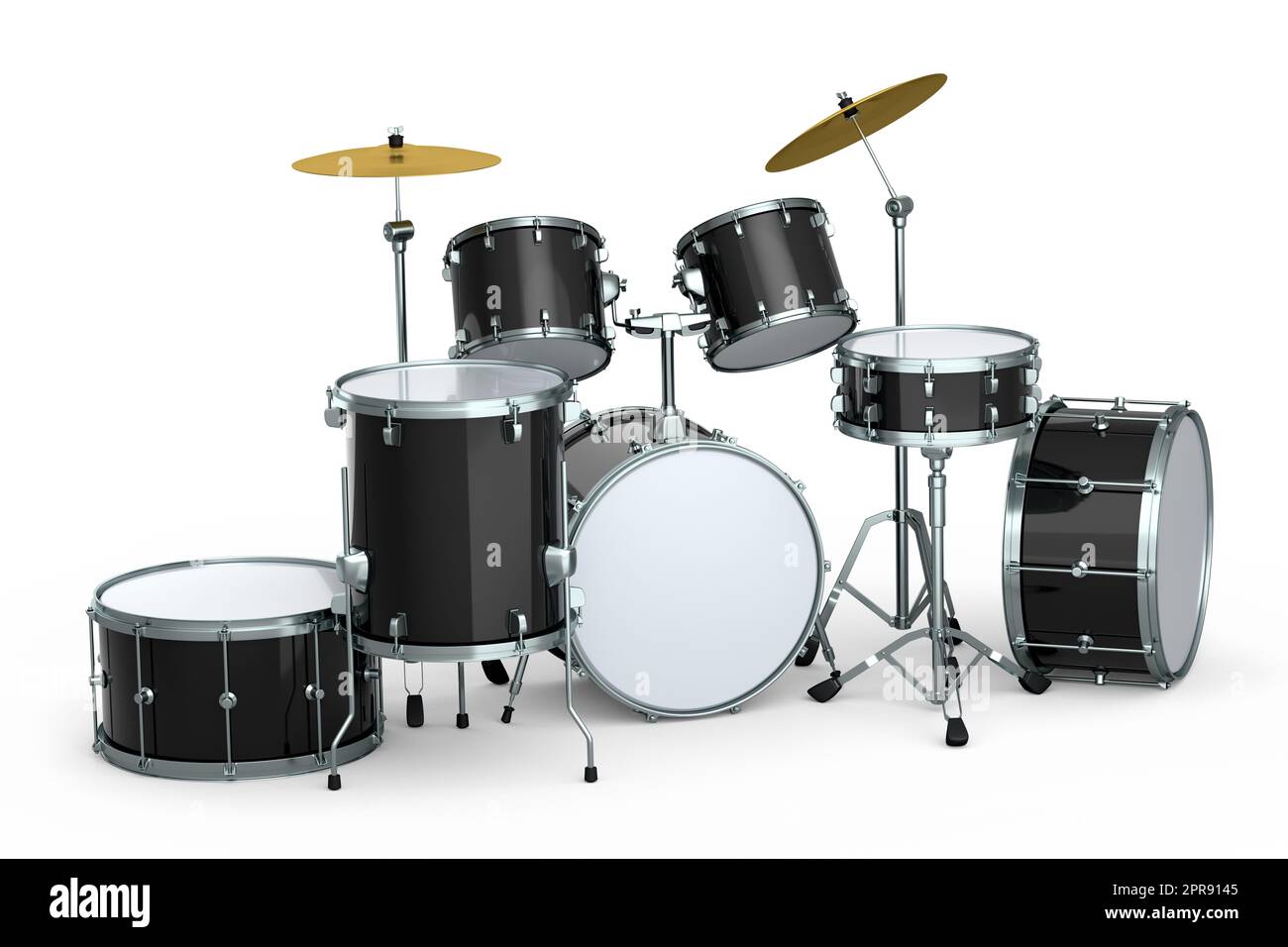 Set of realistic drums with metal cymbals on white background. 3d ...