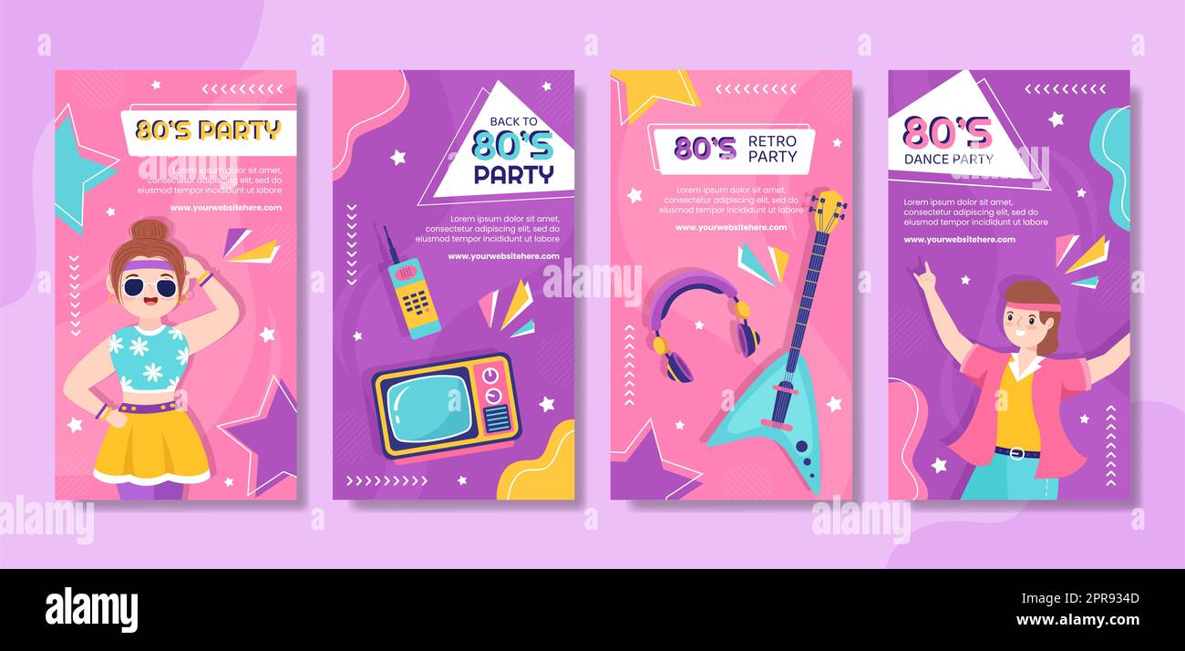 80s Party Social Media Stories Template Flat Cartoon Background Vector ...