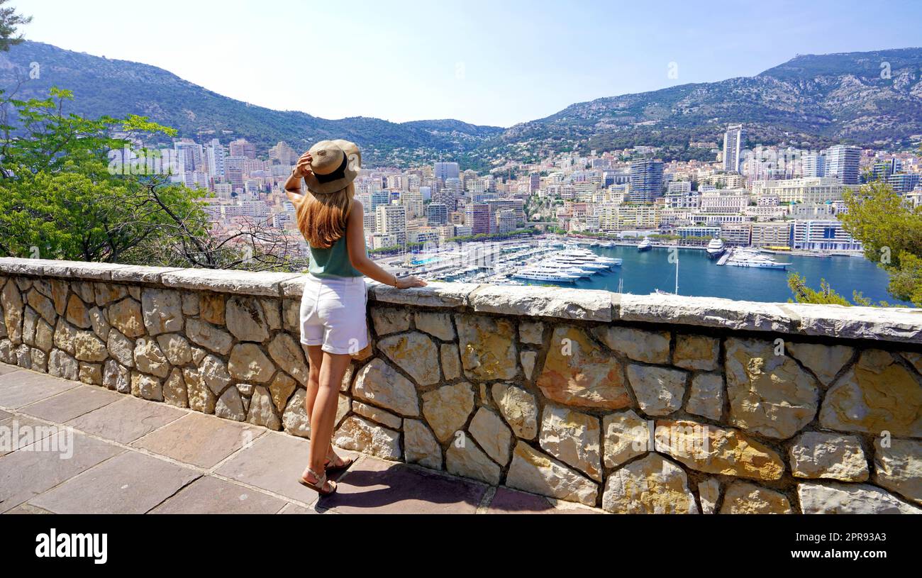 Beautiful panoramic banner view of full length young woman enjoying ...