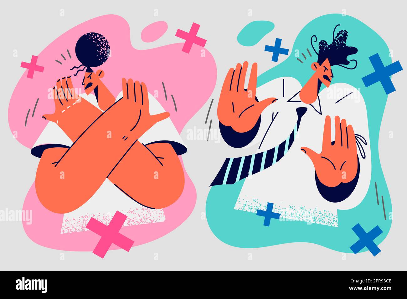 People show no gesture sign reject offer or suggestion. Man and woman ...