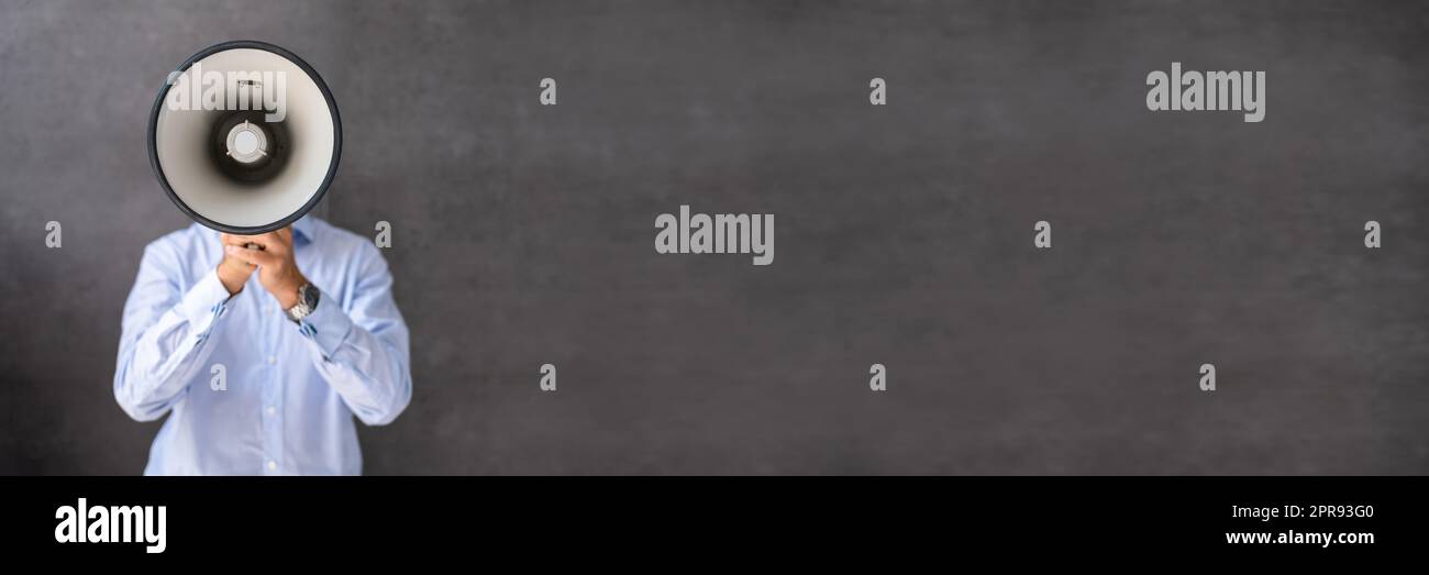 Man With Megaphone Warning Voice Announcement Stock Photo - Alamy