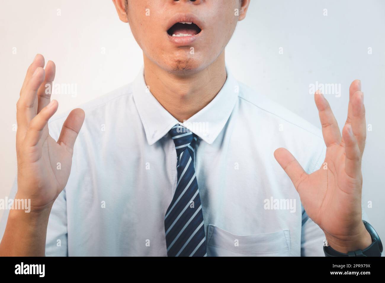 Business man person body language showed hand communication an ...