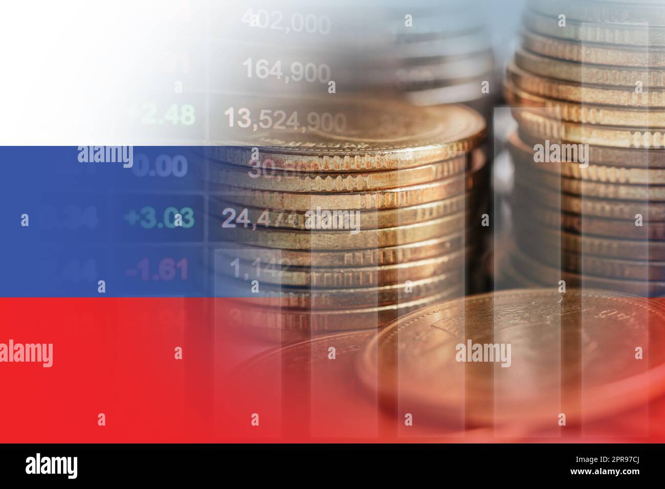Russia flag with stock market finance, economy trend graph digital ...