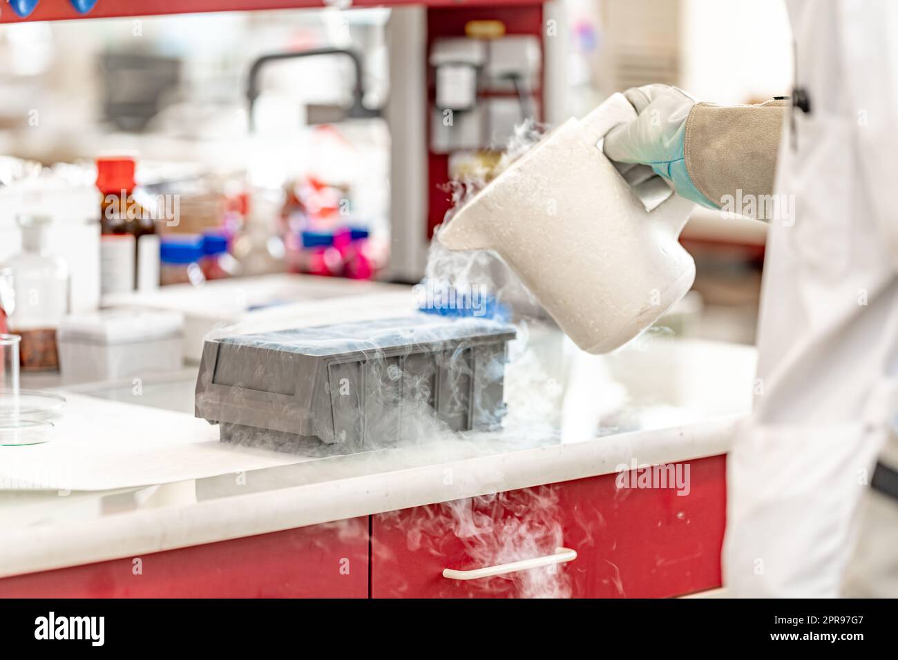 scientific experiments with liquid nitrogen in a research laboratory ...