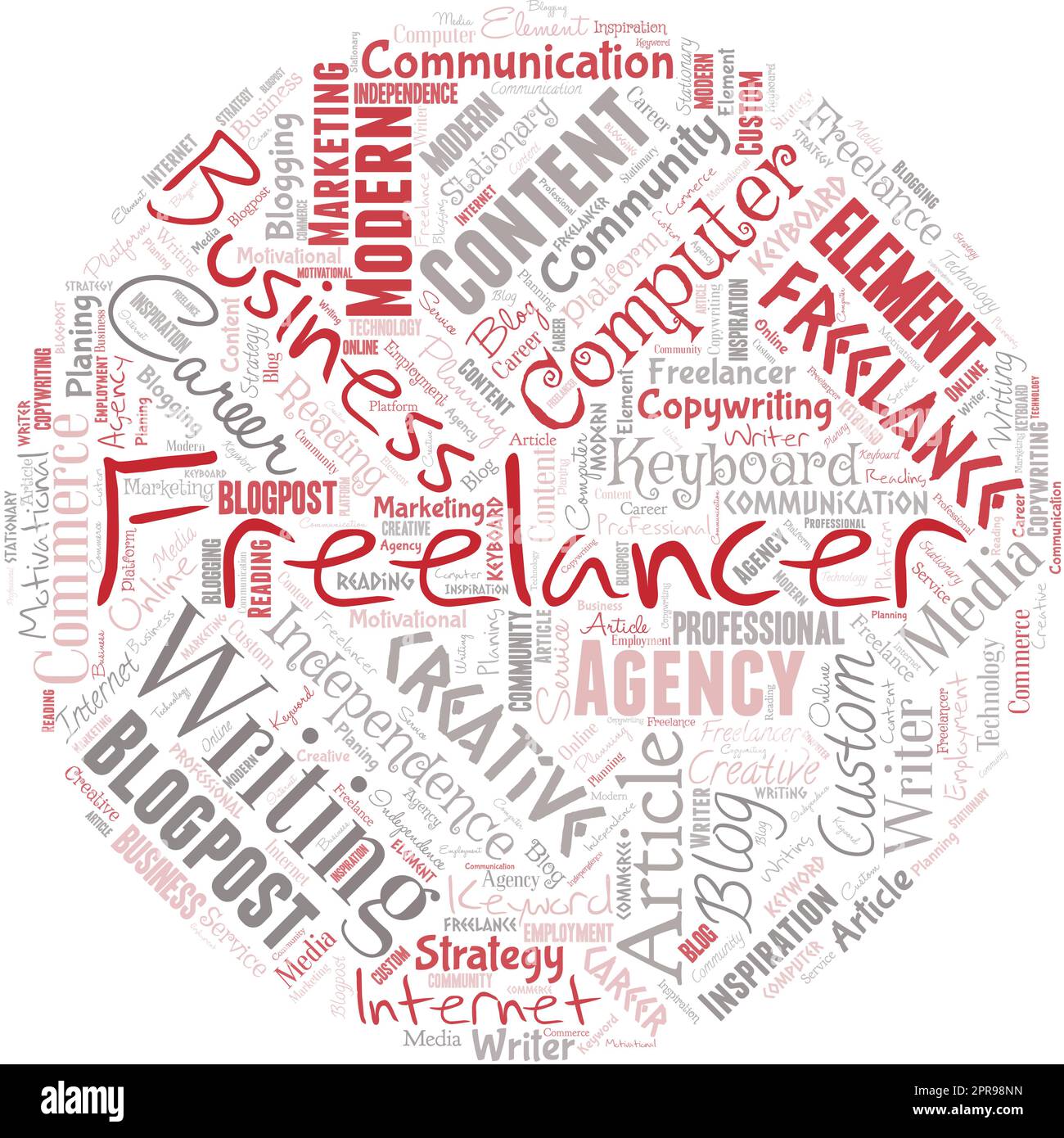 Big word cloud in the shape of circle with word freelancer. Person who ...