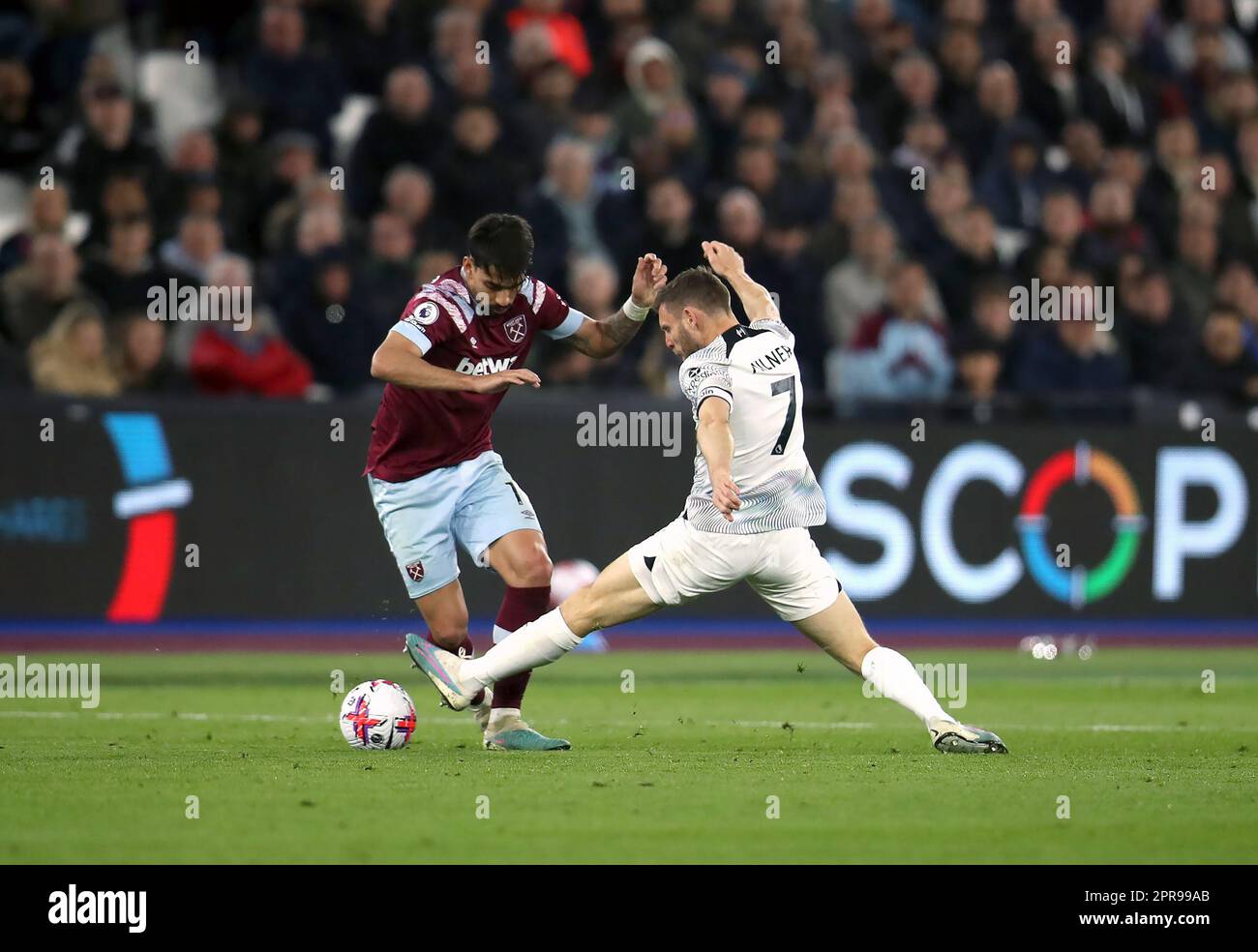 West Ham United's Lucas Paqueta (left) and Liverpool's James Milner ...