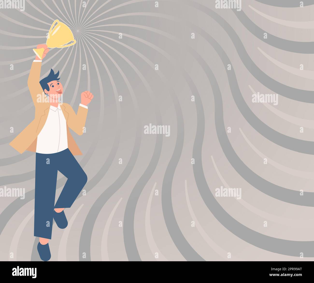 Gentleman Jumping Excitedly Holding Trophy Showing Accomplishments. Man ...