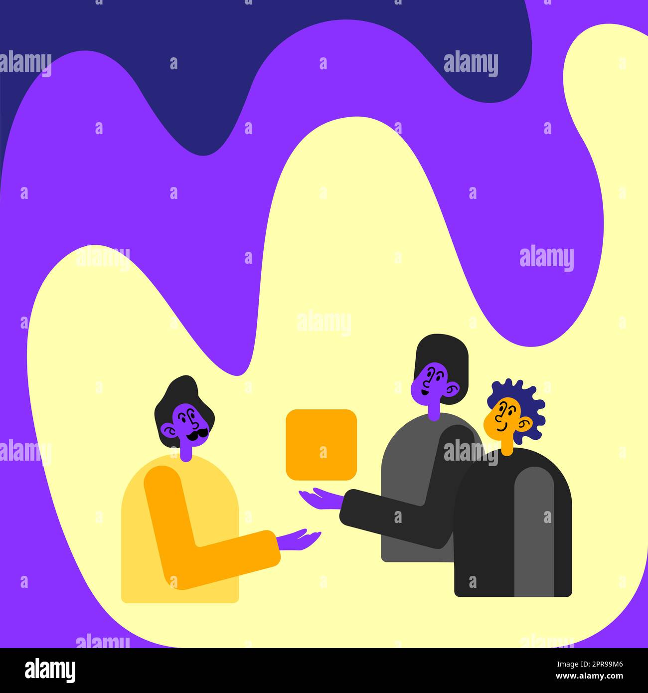 Three Colleagues Having Meeting Displaying Cube Representing Teamwork ...