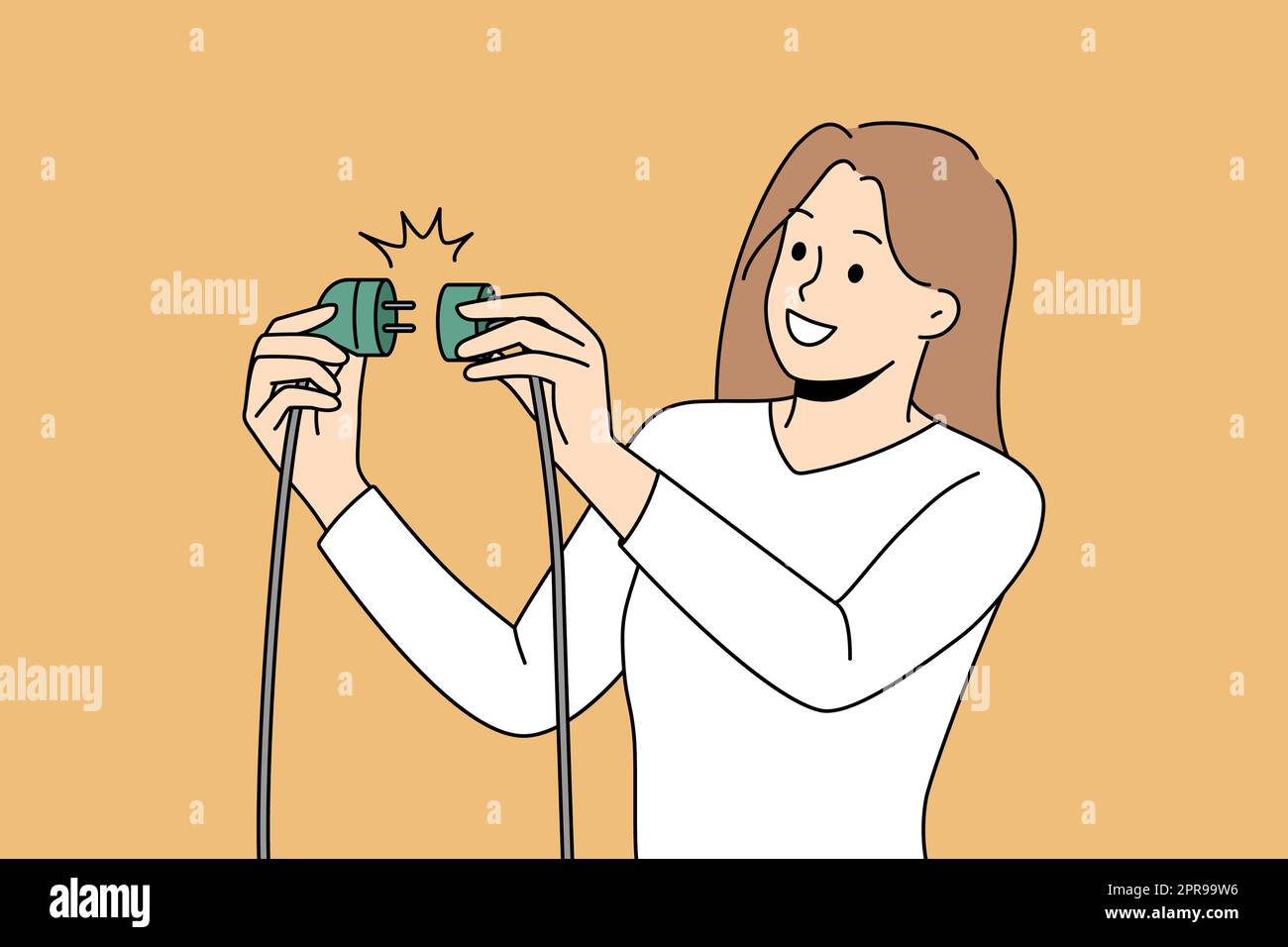 Smiling woman put electric plug into pocket. Concept of problem ...