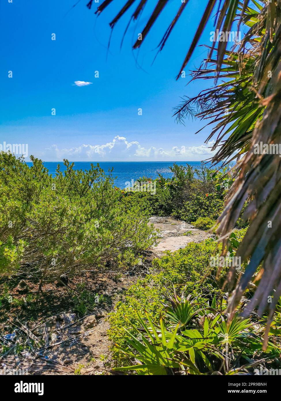 Natural seascape beach panorama Tulum ruins Mayan site temple Mexico ...