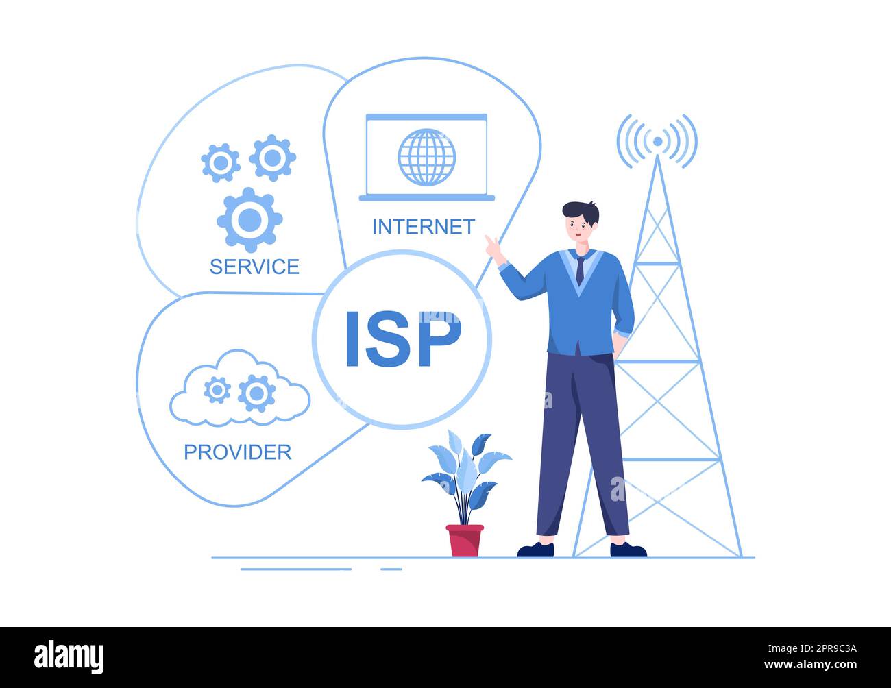 Isp Or Internet Service Provider Cartoon Illustration With Keywords And Icons For Intranet