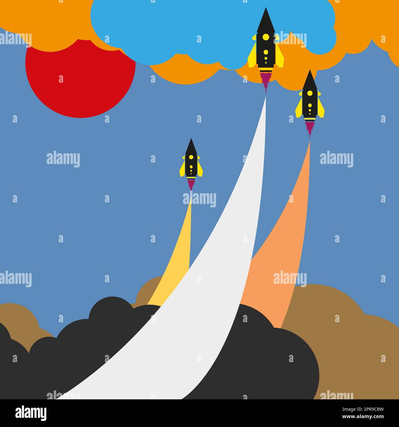 Colored art cartoon rocket jet in blue sky Stock Photo - Alamy