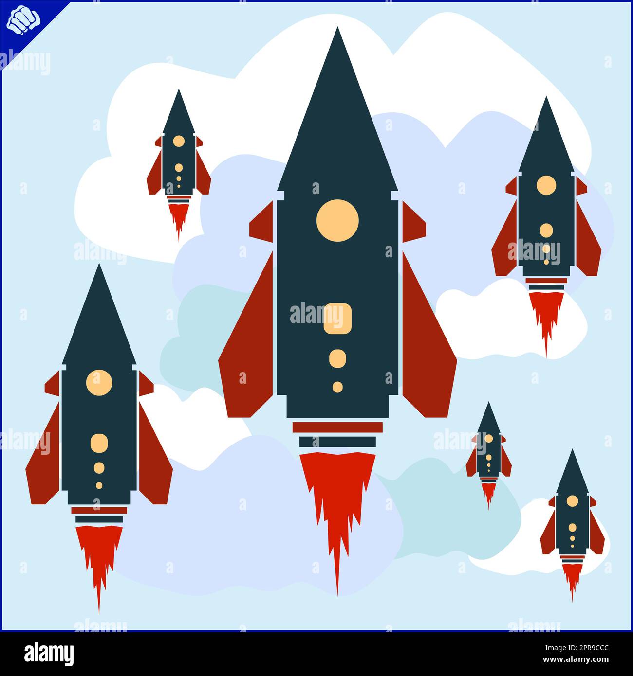 Colored art cartoon rocket jet in blue sky Stock Photo - Alamy
