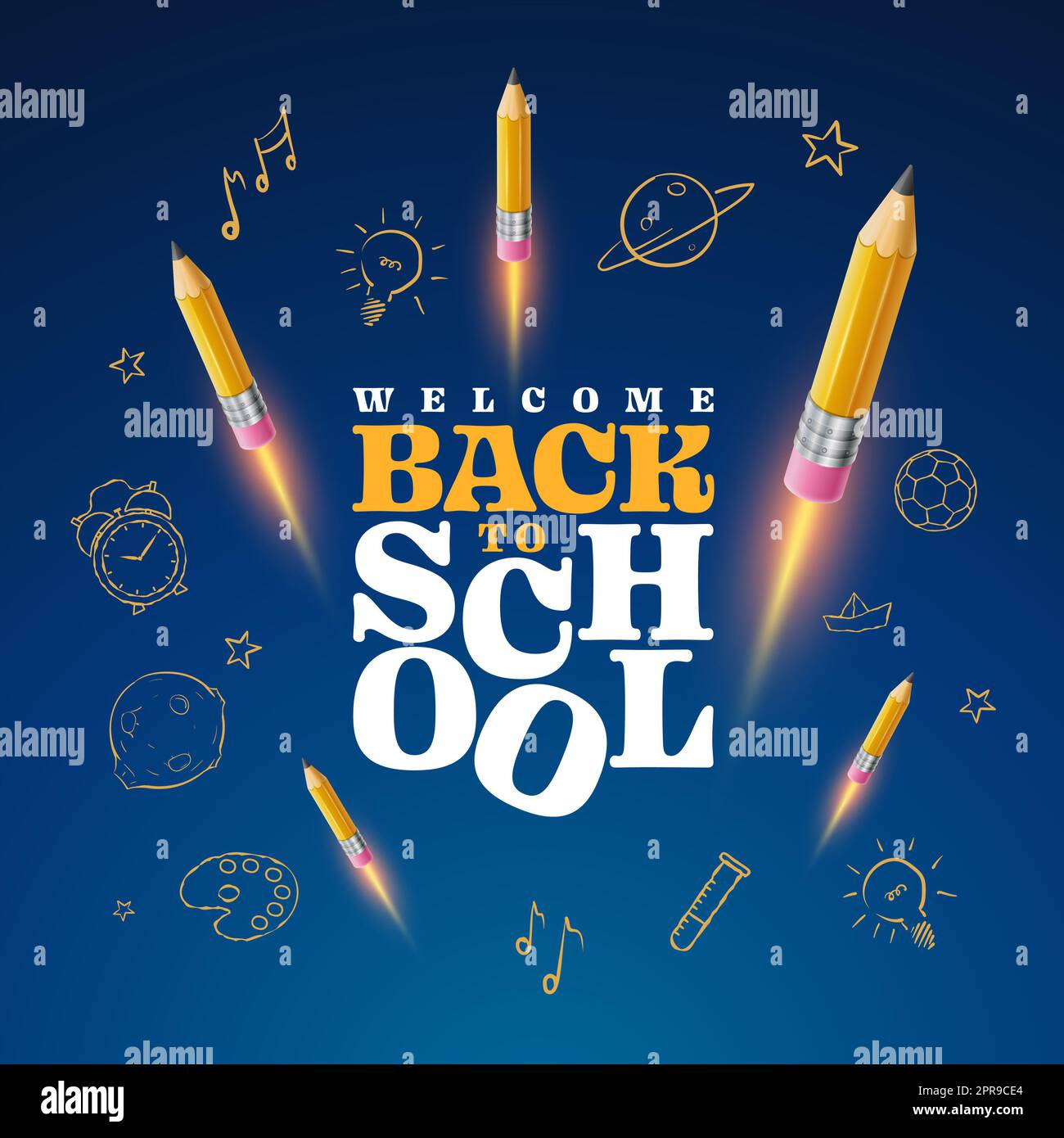 Welcome Back to School typographic vector design. 3D pencil rockets ...