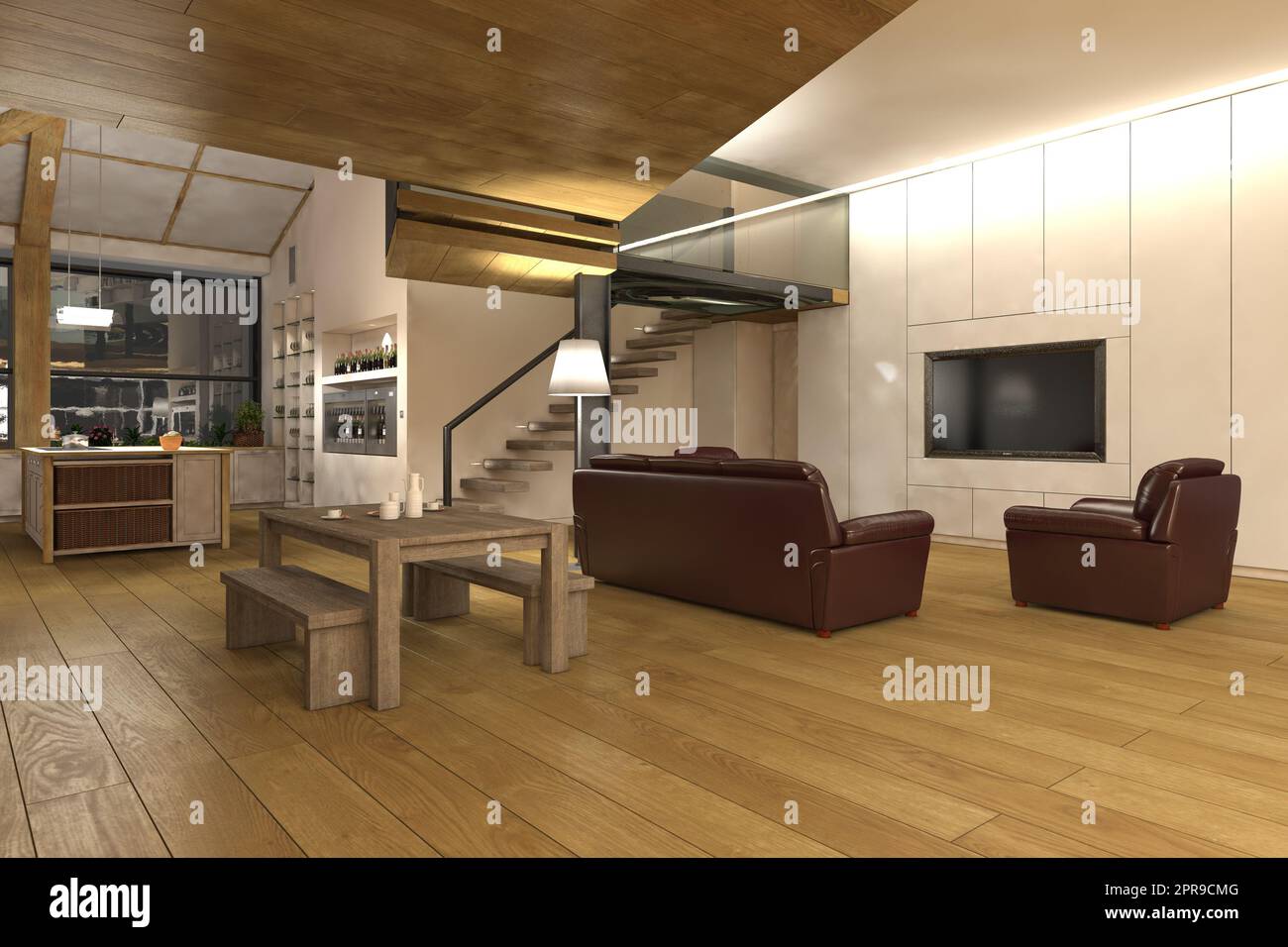 Large open-plan living room - kitchen interior with a wooden parquet ...